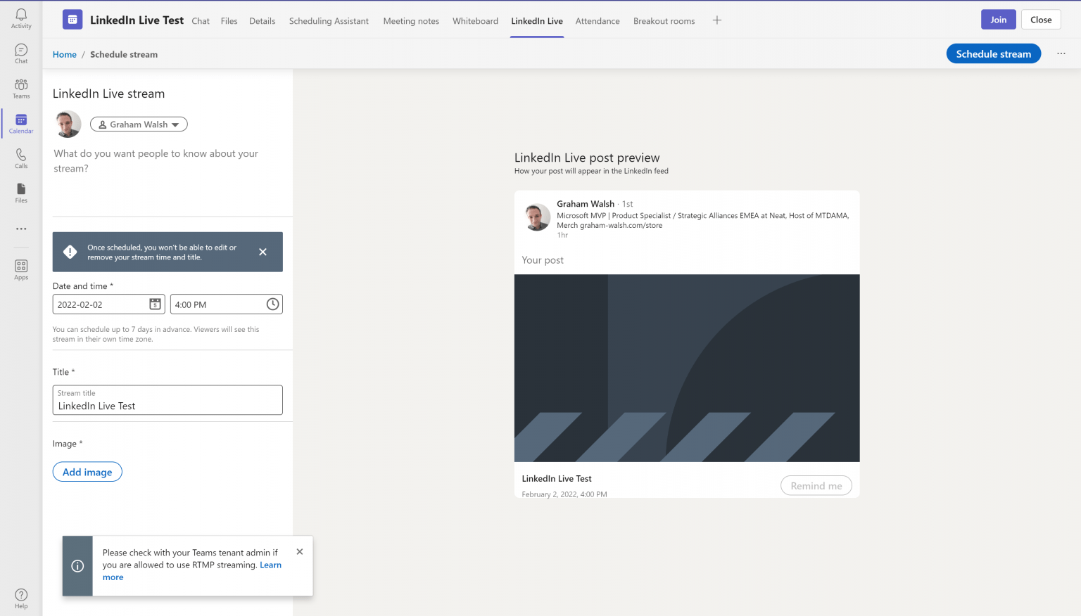 Microsoft Teams and LinkedIn Live Streaming | Graham Walsh