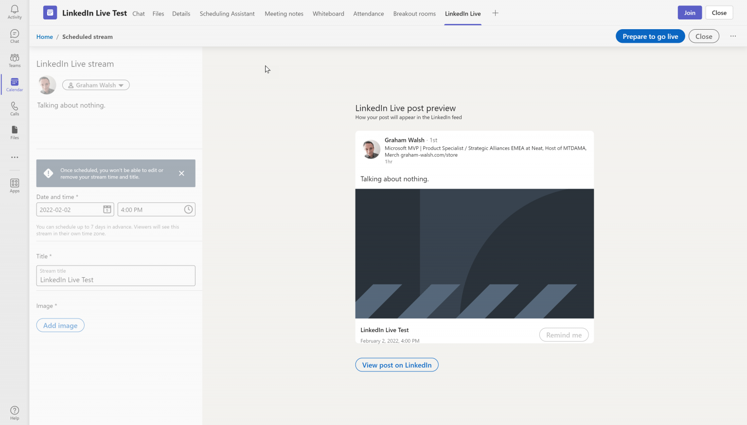 Microsoft Teams and LinkedIn Live Streaming | Graham Walsh